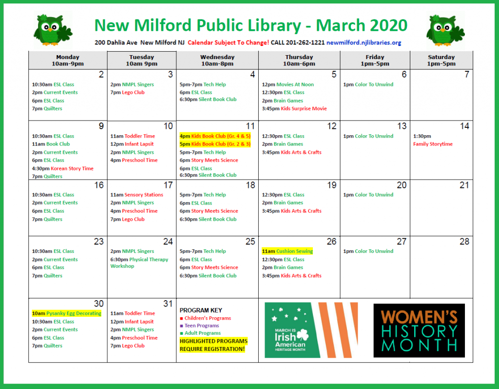 NMPL MARCH 2020 CAL – New Milford Public Library